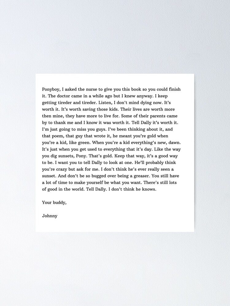 Johnny Cade S Letter To Ponyboy Curtis The Outsiders Poster For