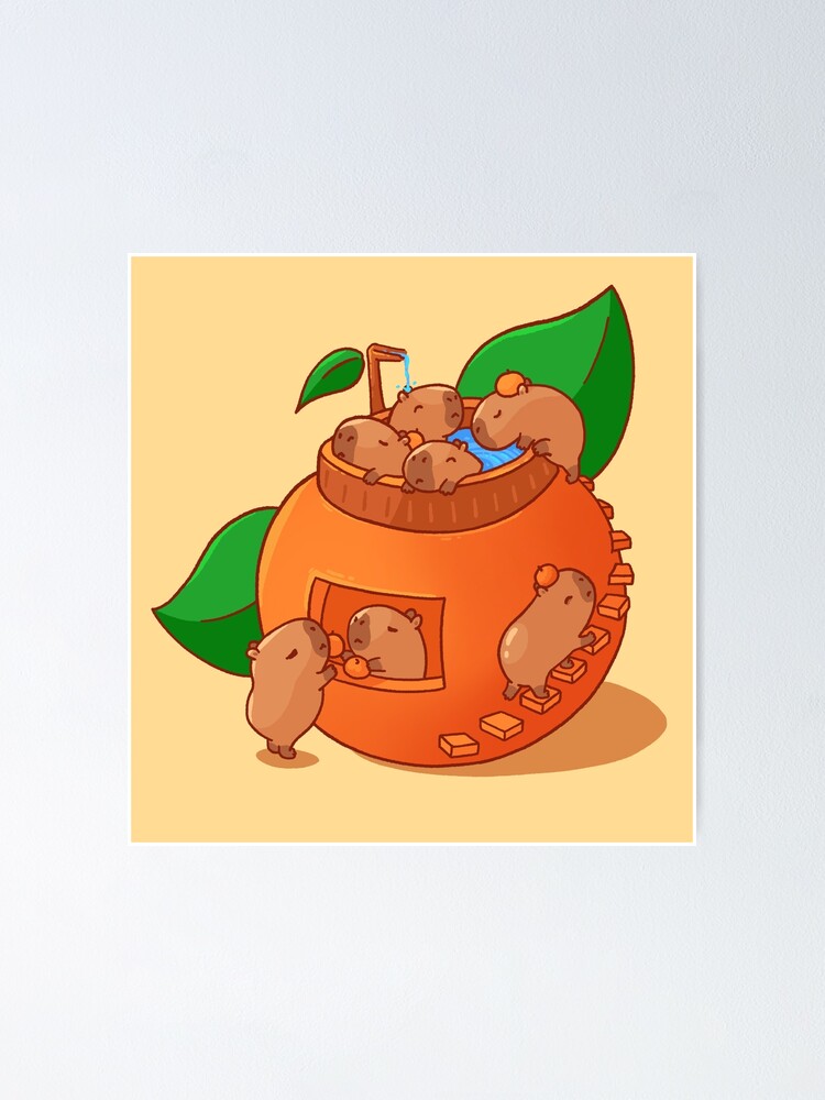 "cute capybara art, capybaras in a yuzu onsen bath, bathing with ...
