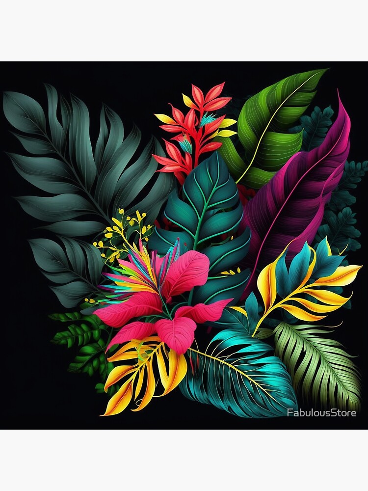 Colorful tropical leaves and flowers. Premium Matte Vertical Poster ...