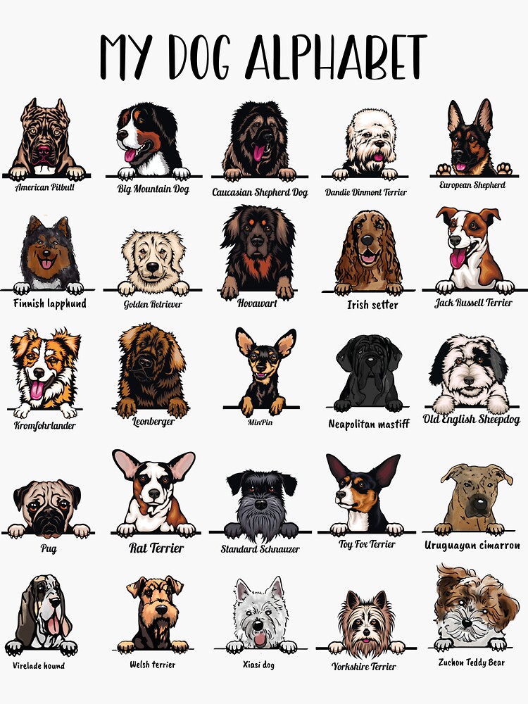 "Types Of Dogs breed Alphabet A-Z ABC Dog Identification " Sticker for ...