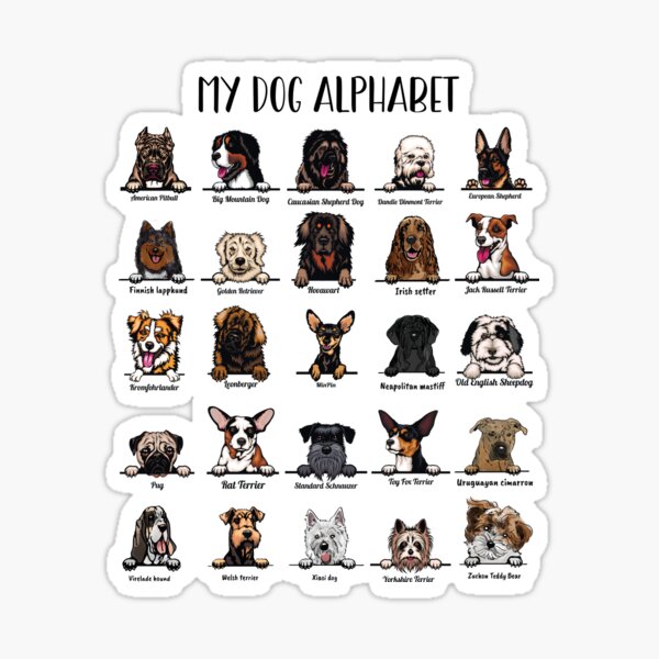 "Types Of Dogs breed Alphabet A-Z ABC Dog Identification " Sticker for ...