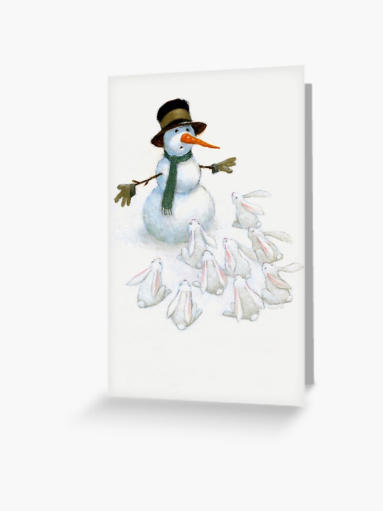 "Snowman with Carrot Nose Facing Hungry Bunnies" Greeting Card for Sale ...