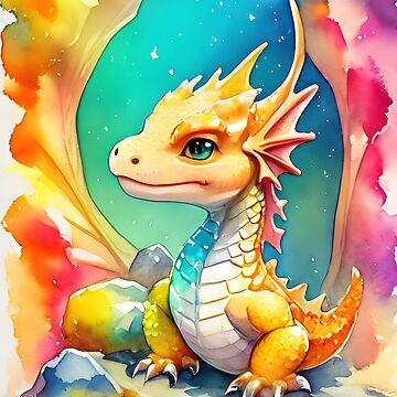 "Cute Adorable Baby Golden Dragon On a Rainbow Crystal Background ...