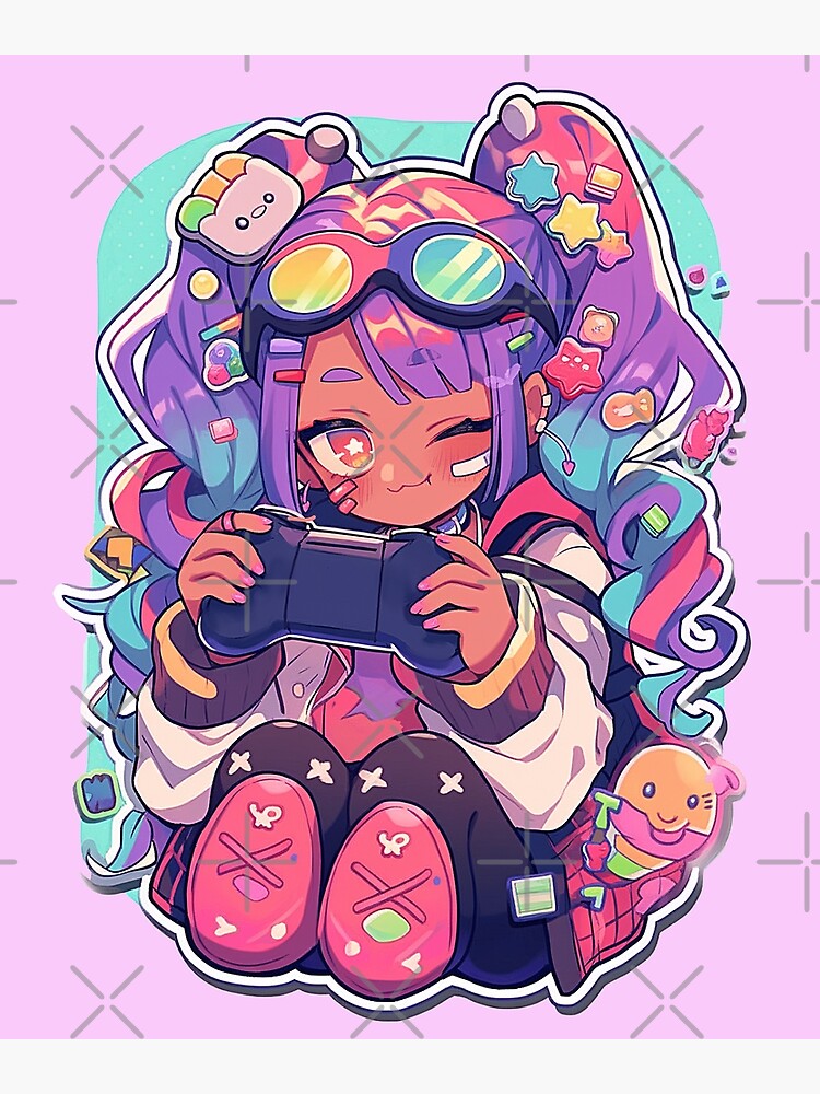 "Kawaii Colorful Anime Gamer Girl holding Playing Video Games" Art ...