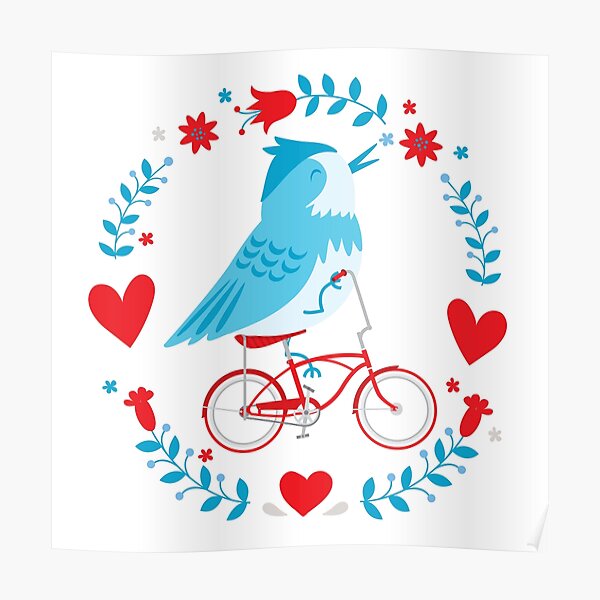 "Cute Blue Bird Riding a Red Retro Bicycle" Poster for Sale by ...