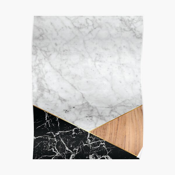 "Geometric White Marble - Black Granite & Wood #711" Poster by ...