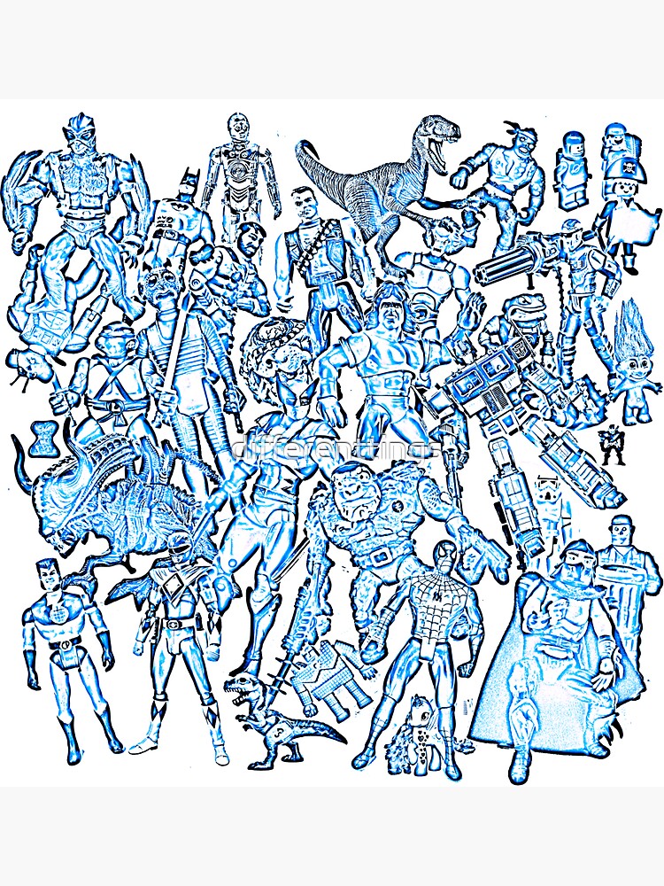 "man cave toys print retro classic action figures 80s 90s" Sticker for ...