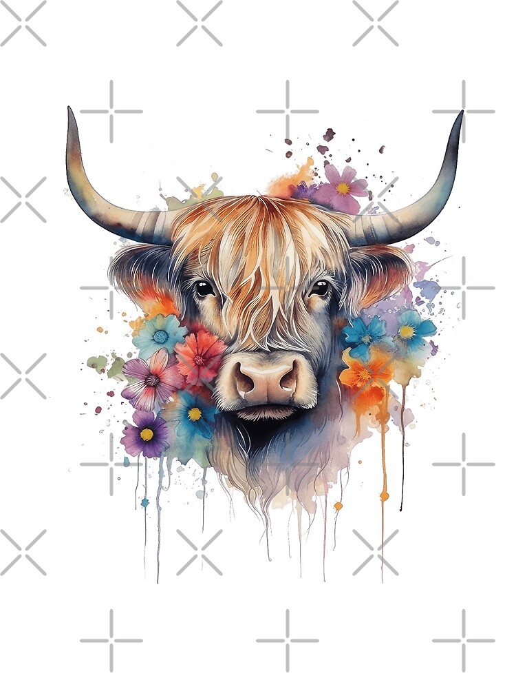 "Highland cow with flowers " by Rosaliartbook | Redbubble