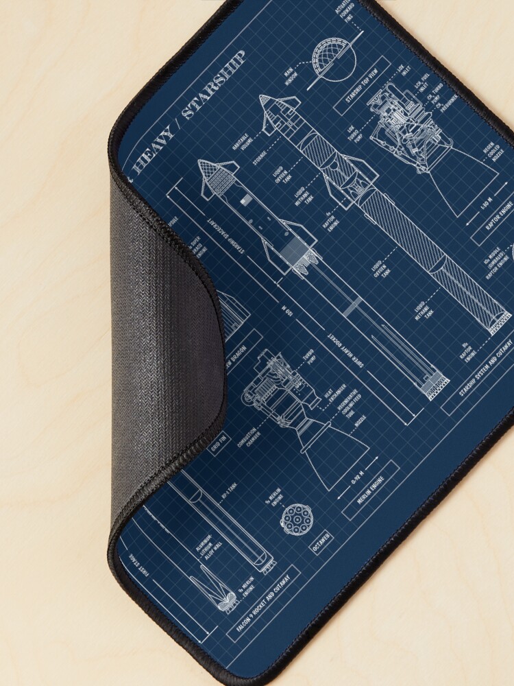 "SPACEX: Falcon 9 & Super Heavy / Starship (Navy Blueprint)" Mouse Pad ...