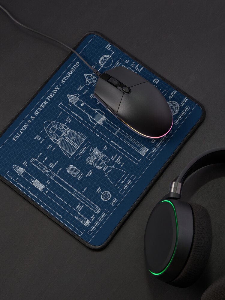 "SPACEX: Falcon 9 & Super Heavy / Starship (Navy Blueprint)" Mouse Pad ...