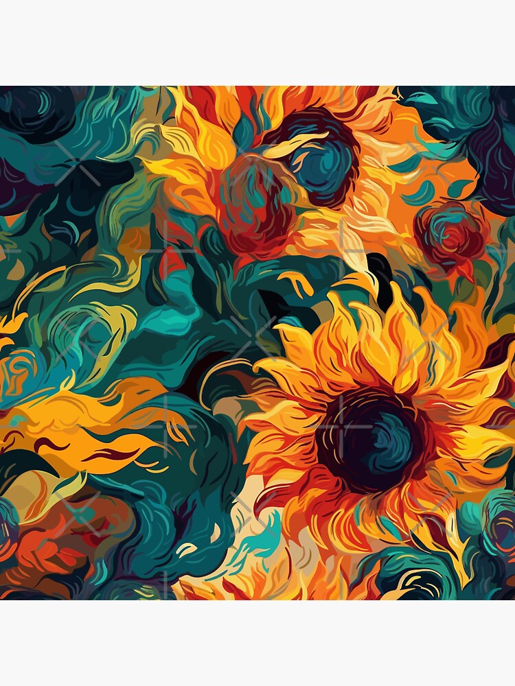 "Van Gogh-Inspired Sunflower Pattern - Bold Color Contrasts and Expressive Strokes" Sticker for ...