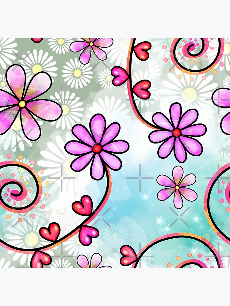 "Lavender Heart Doodle White Daisy Watermark" Sticker for Sale by ...