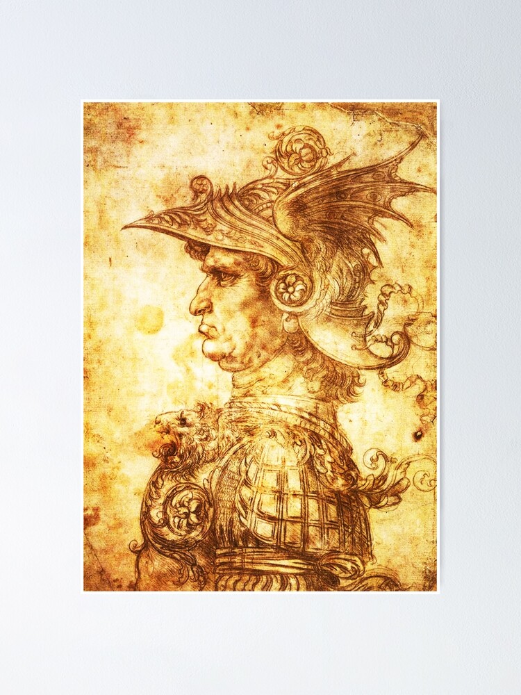 "WARRIOR PROFILE IN DRAGON HELMET Sepia Drawing Leonardo Da Vinci ...