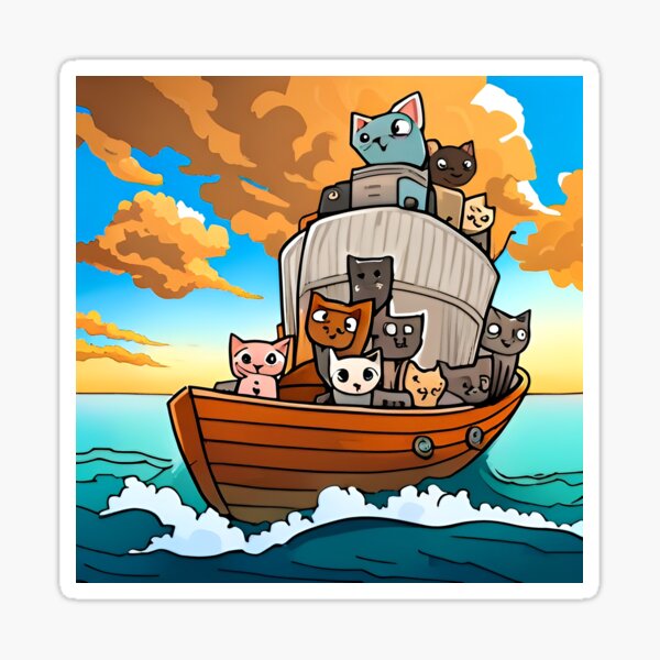 "Cats on a boat in the sea. Vector cartoon illustration." Sticker for ...