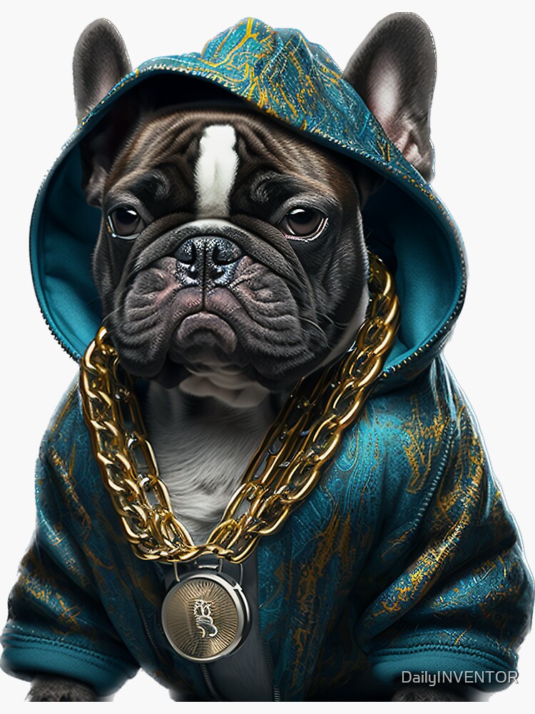 "Hip hop style french bulldog with gold chain" Sticker by DailyINVENTOR ...