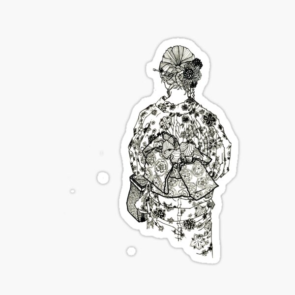 "Geometric Drawing Japanese Woman wearing Floral yukata kimono" Sticker ...