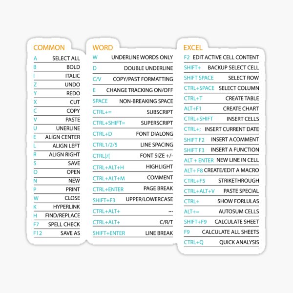 "EXcel WORD SHORTCUTS CHEAT SHEET" Sticker by YokStore | Redbubble