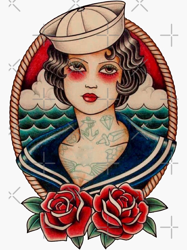 "Traditional Beautiful Sailor Lady an Red Roses Tattoo" Sticker for ...