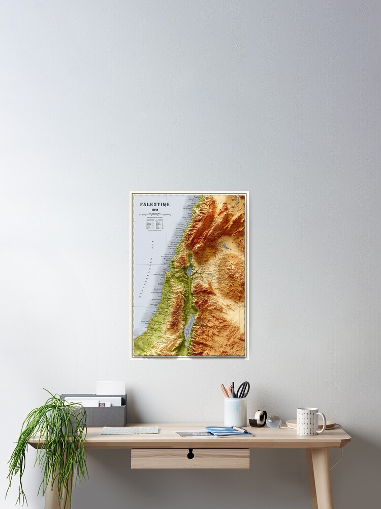 "1841 Vintage Shaded Relief Retro Palestine Map Print With 3D Illusion ...