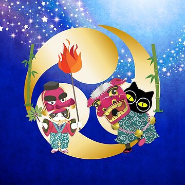 "Tengu and Lion Fighting Dance by Cats" Sticker for Sale by edo-neko ...