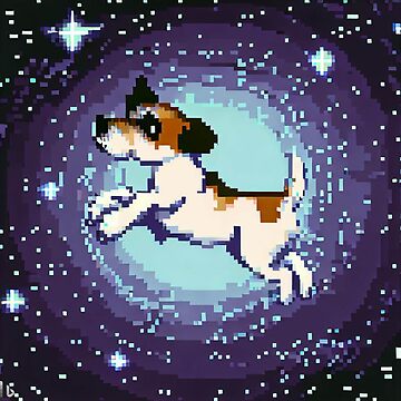 "pixel art of a jack russel terrier floating in space with moon and ...