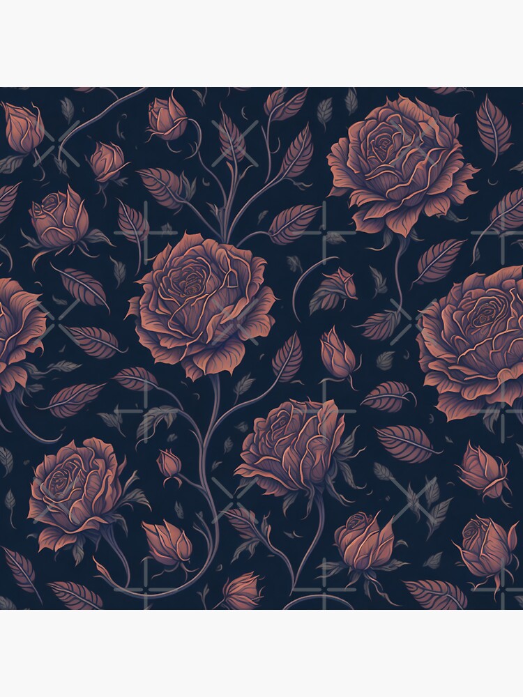 " Midnight Ferra Rose Print // Midnight Cyan Blue Background with dark ...