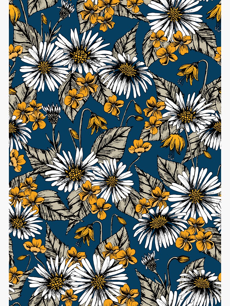 "Blue, Yellow & White Daisy Floral Pattern With Ink Outlines" Sticker ...