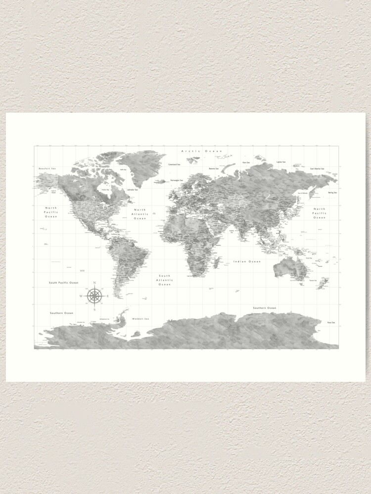 "Gray watercolor world map with cities and Antarctica, Jimmy" Art Print ...