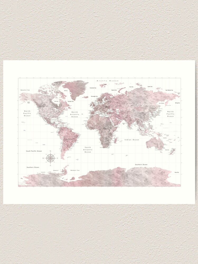 "Dusty pink watercolor world map with cities and Antarctica, Aviva" Art ...