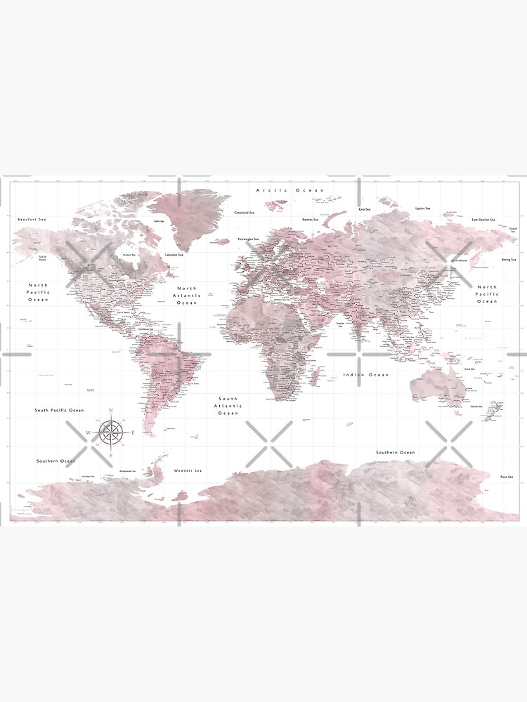 "Dusty pink watercolor world map with cities and Antarctica, Aviva ...