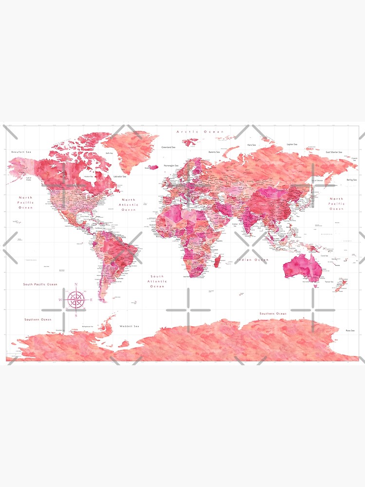 "Hot pink watercolor world map with cities and Antarctica, Tatiana ...
