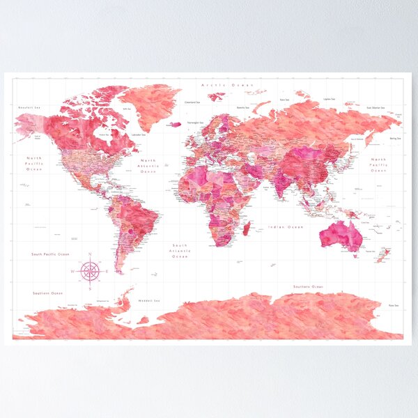 "Hot pink watercolor world map with cities and Antarctica, Tatiana ...