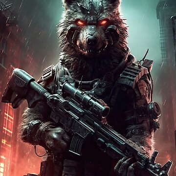 "Cyberpunk Wolf - Augmented Techno Wolf with heavy assault rifle in dystopian cyberpunk future ...