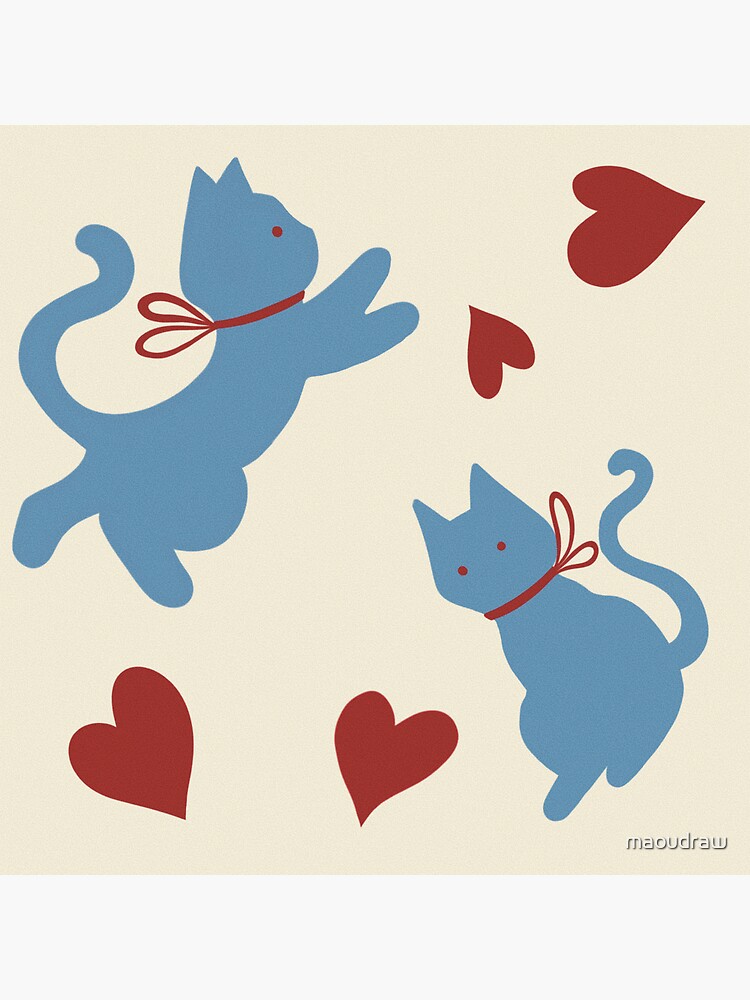 "blue cat red heart ribbon pattern aesthetic coquette dollette" Sticker ...