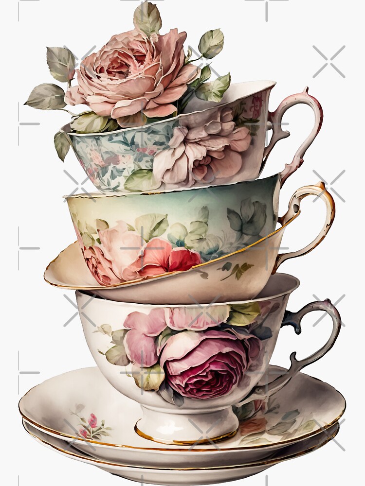 "Watercolor Teacup Stack" Sticker for Sale by HugosHuesViews | Redbubble