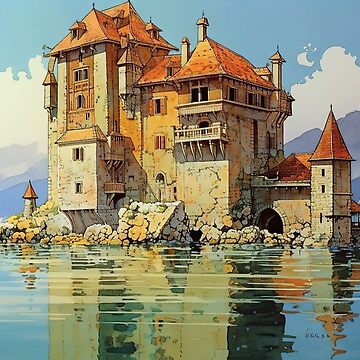 "Castle Reflections: Comic-Style Art Print of a Majestic Castle by a ...