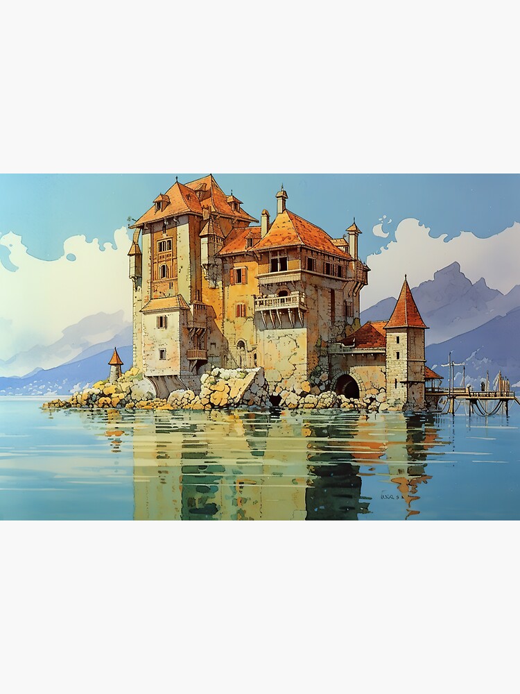 "Castle Reflections: Comic-Style Art Print of a Majestic Castle by a ...