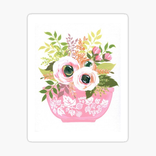 "Pink Gooseberry Pyrex with flowers" Sticker by michelenorman | Redbubble