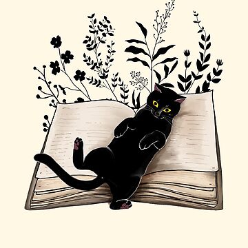 "Black Cat reading a books, watercolor style, flowers growing from book ...
