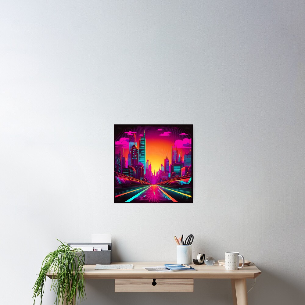 "Neon Retro 80s City Highway Perspective, Vibrant Vector Art Design ...