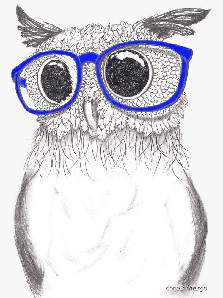 "Nerdy Owl with Blue" Sticker by doneBYmargo | Redbubble