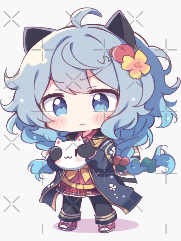 "Blue Haired Anime Chibi w/ Cat Plushie" Sticker for Sale by ...