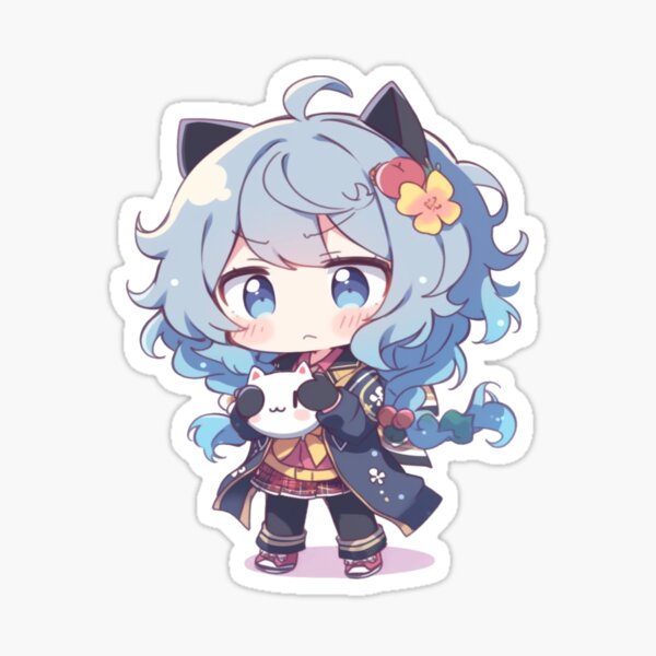 "Blue Haired Anime Chibi w/ Cat Plushie" Sticker for Sale by ...
