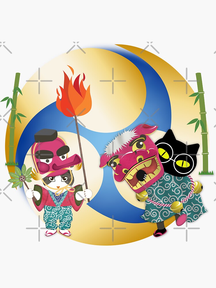 "Tengu and Lion Fighting Dance by Cats" Sticker for Sale by edo-neko ...