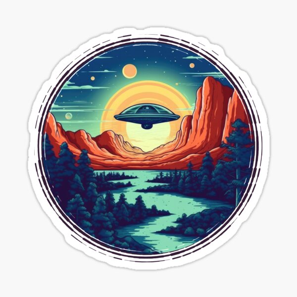 "ET Flying Saucer Above Natural Wonders" Sticker for Sale by Mythic ...