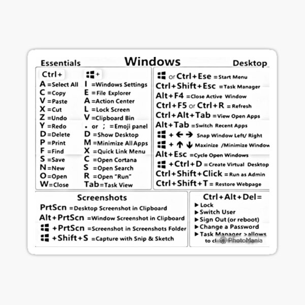 "Windows Computer Shortcut Keys (Black & White)" Sticker for Sale by ...
