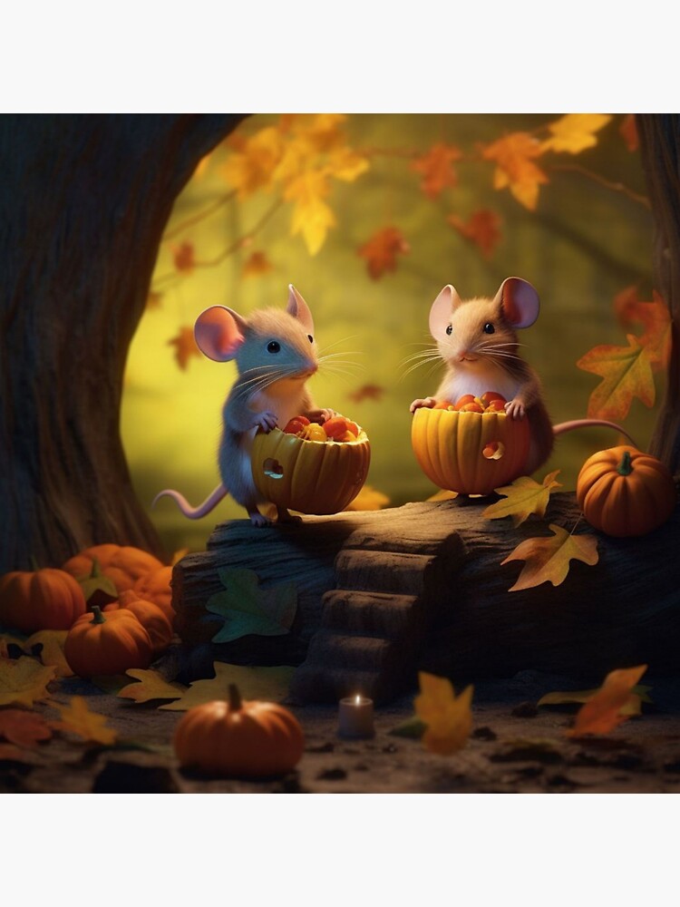 "Two cute little mice with pumpkins in the autumn forest. Halloween ...