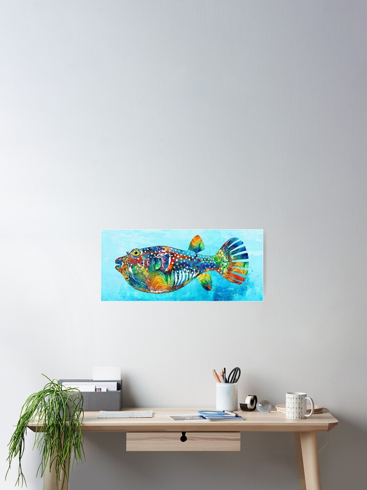 "Colorful Tropical Puffer Fish Art 2 on Beach Blue" Poster for Sale by ...