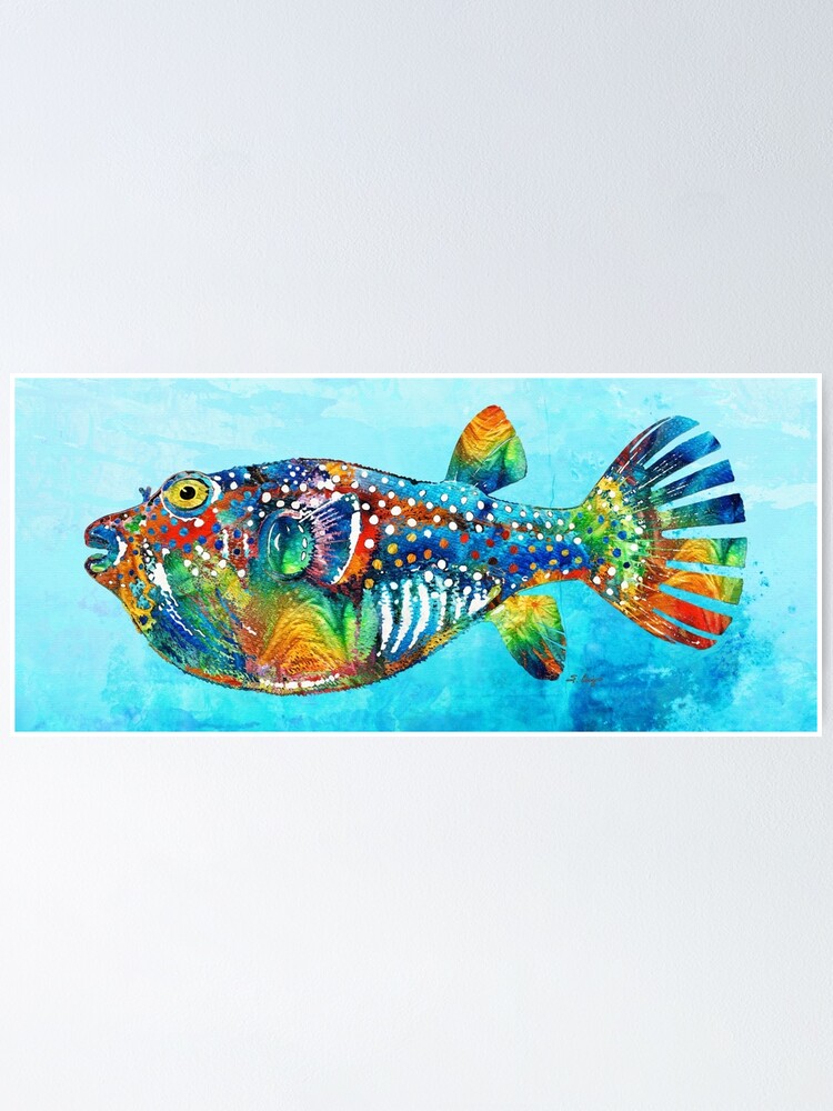 "Colorful Tropical Puffer Fish Art 2 on Beach Blue" Poster for Sale by ...