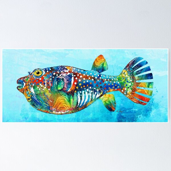 "Colorful Tropical Puffer Fish Art 2 on Beach Blue" Poster for Sale by ...